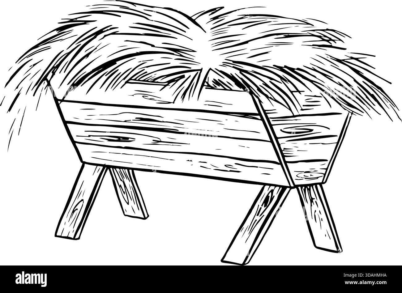 Wooden manger with hay. Black and white vector illustration drawn by ...