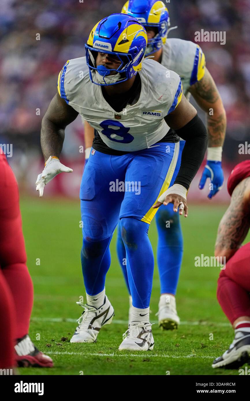 Los Angeles Rams linebacker Jared Verse (8) gets set for the play ...