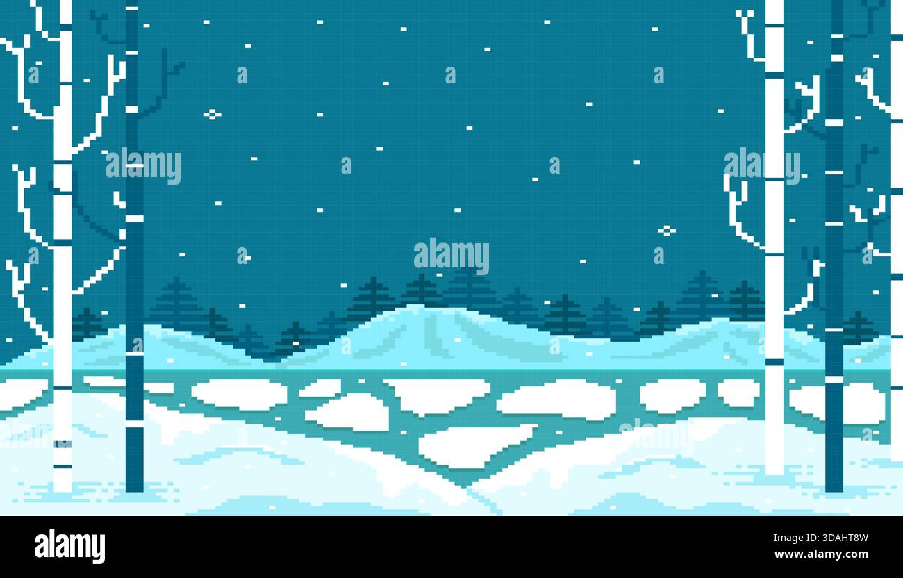 Winter landscape background with white and dark blue tree and snowfall ...