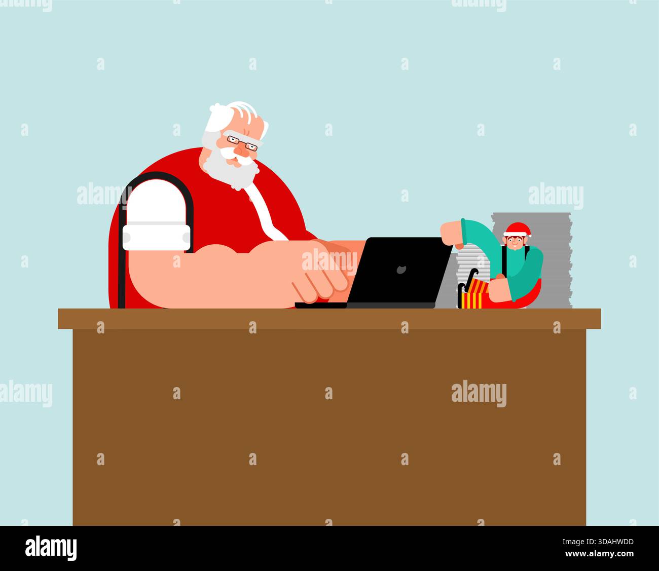 Santa Claus working remotely on a laptop at his office desk. Modern ...