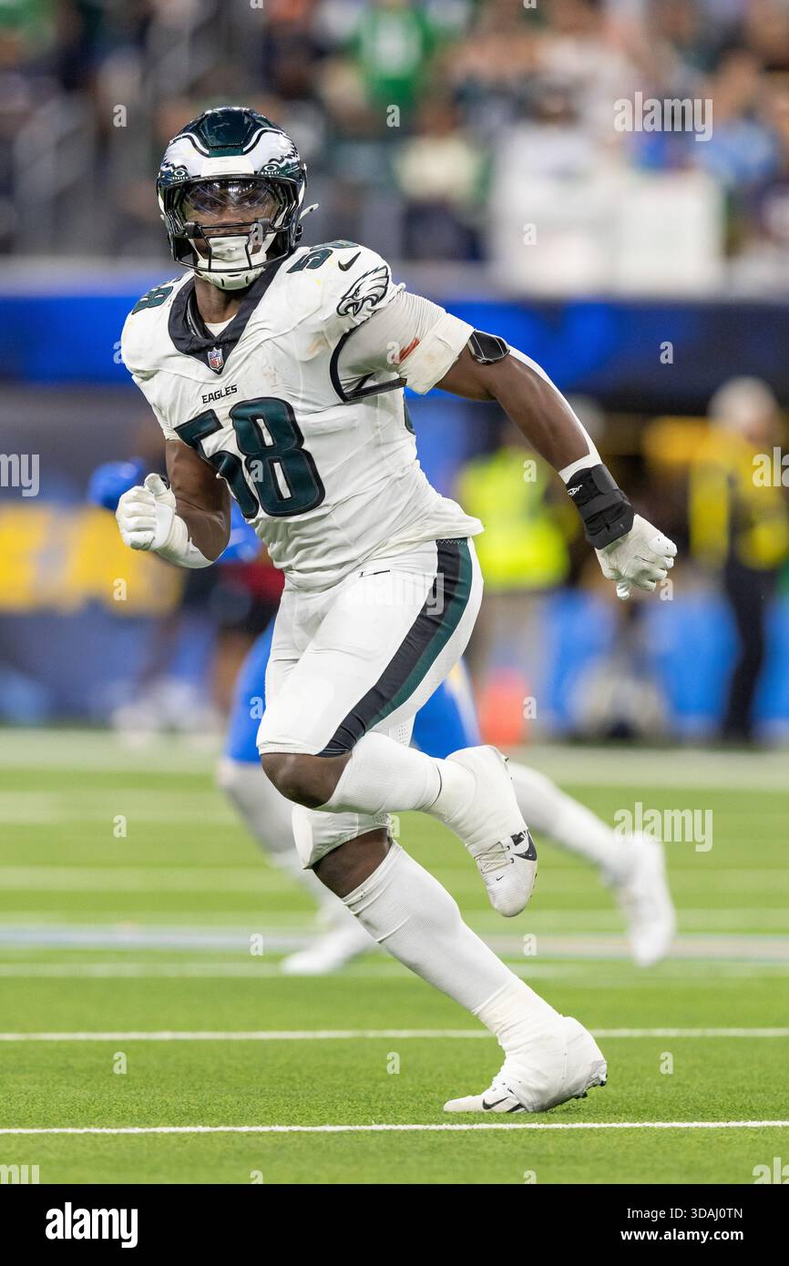 Philadelphia Eagles linebacker Jalyx Hunt (58) against the Los Angeles ...