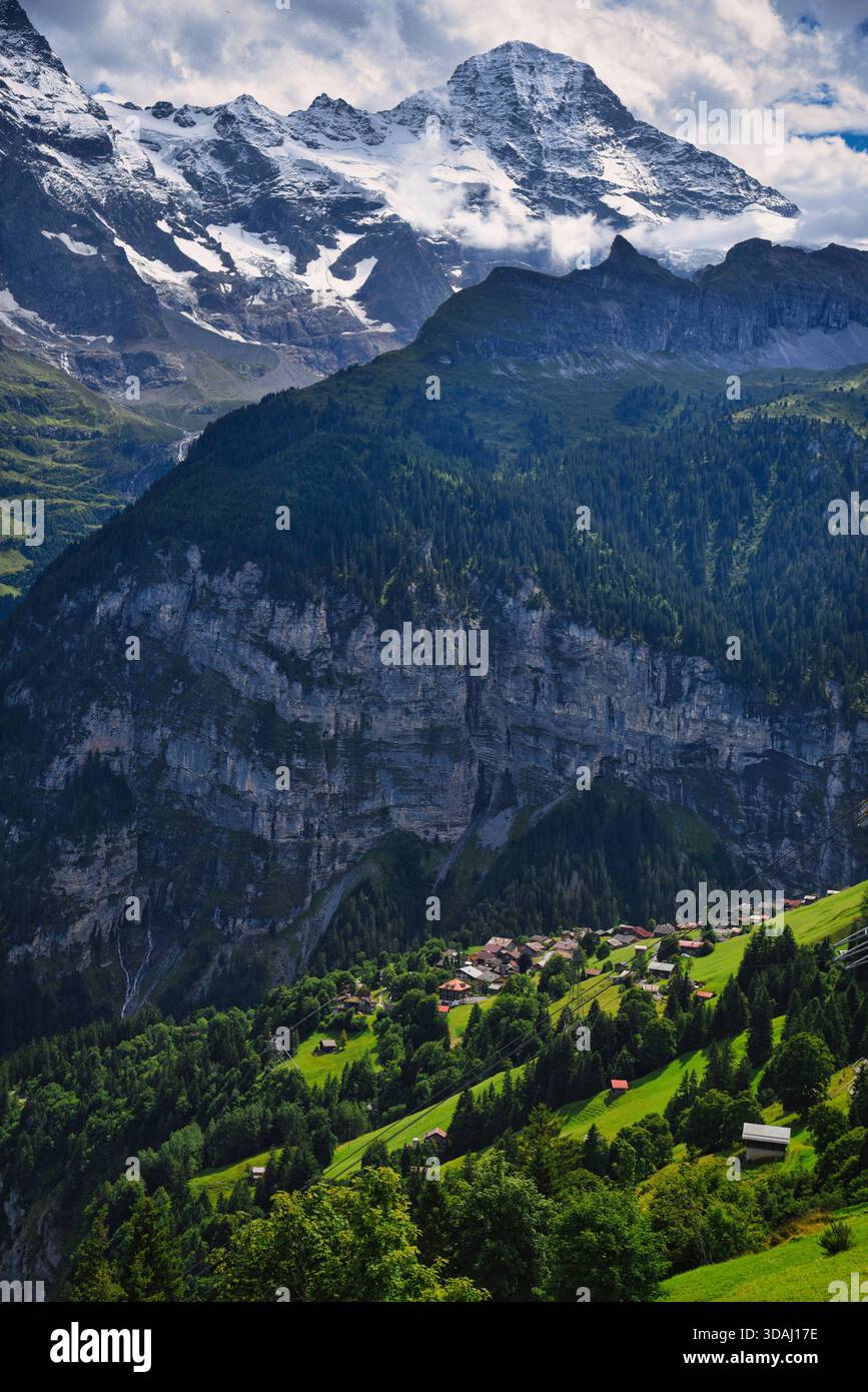 Vista and views from hiking pathway and trail with Swiss chalet houses ...