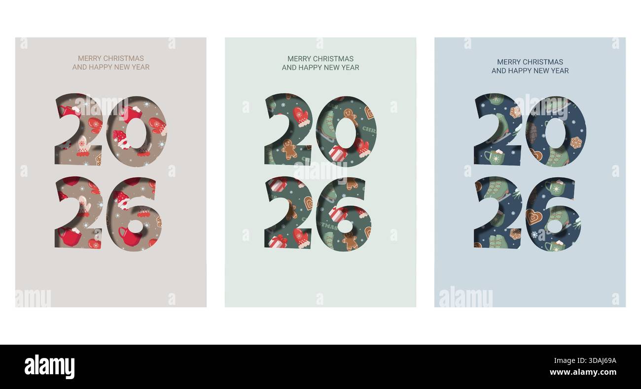Set of three 2026 Christmas greeting cards with Merry Christmas and ...
