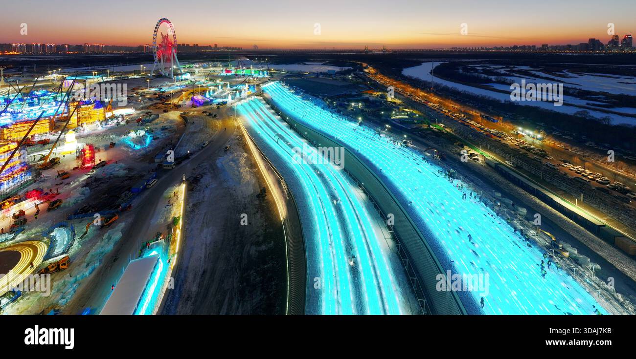 Aerial photo shows the night view of the 27th edition of the Harbin Ice ...