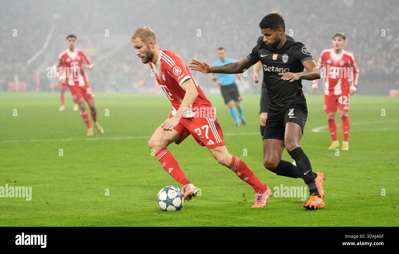 from left Konrad Laimer (Bayern), Matheus Reis Munich, December 9, 2025 ...