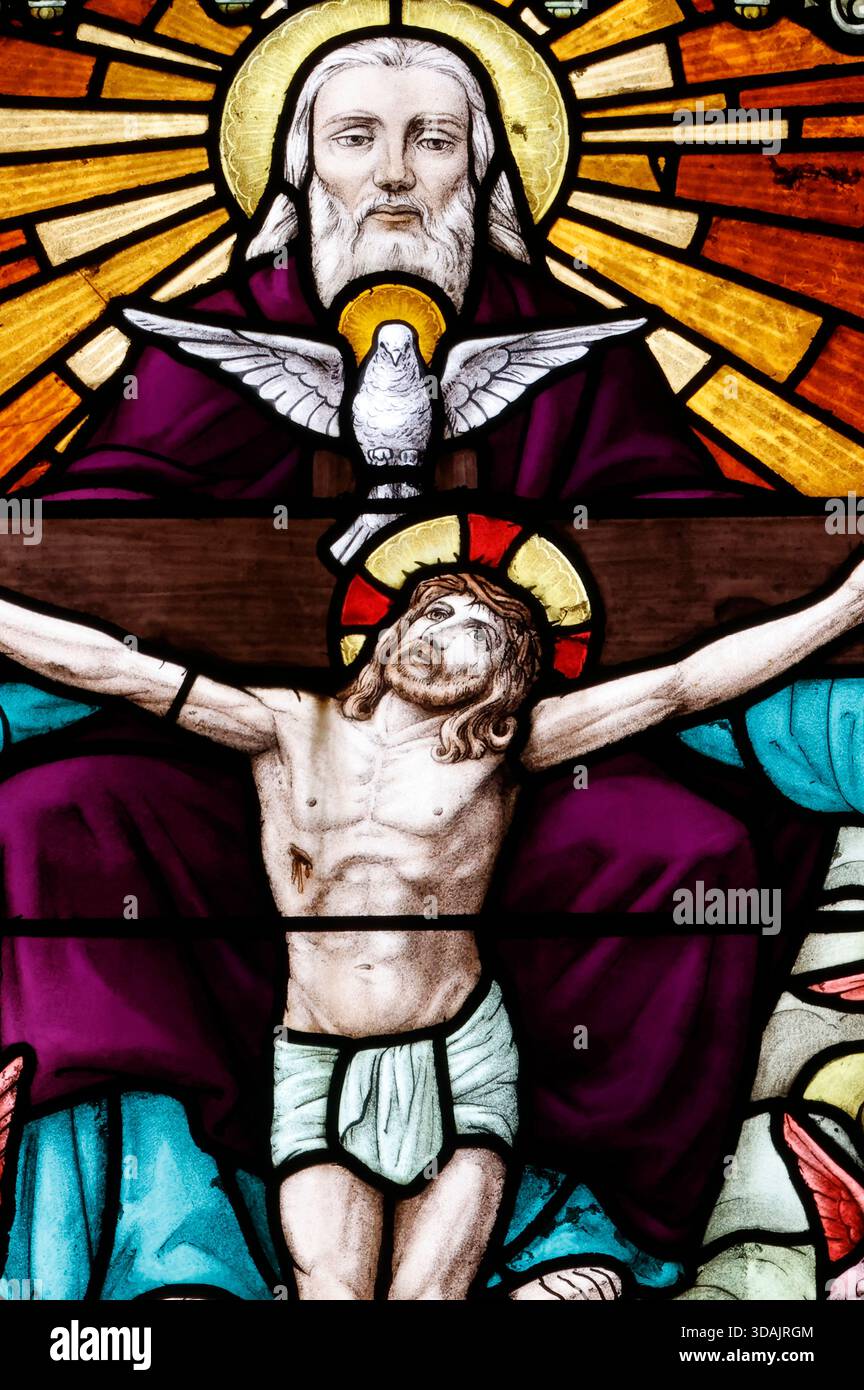 Saint Jacques church. Stained glass. The Holy Trinity. The Father ...