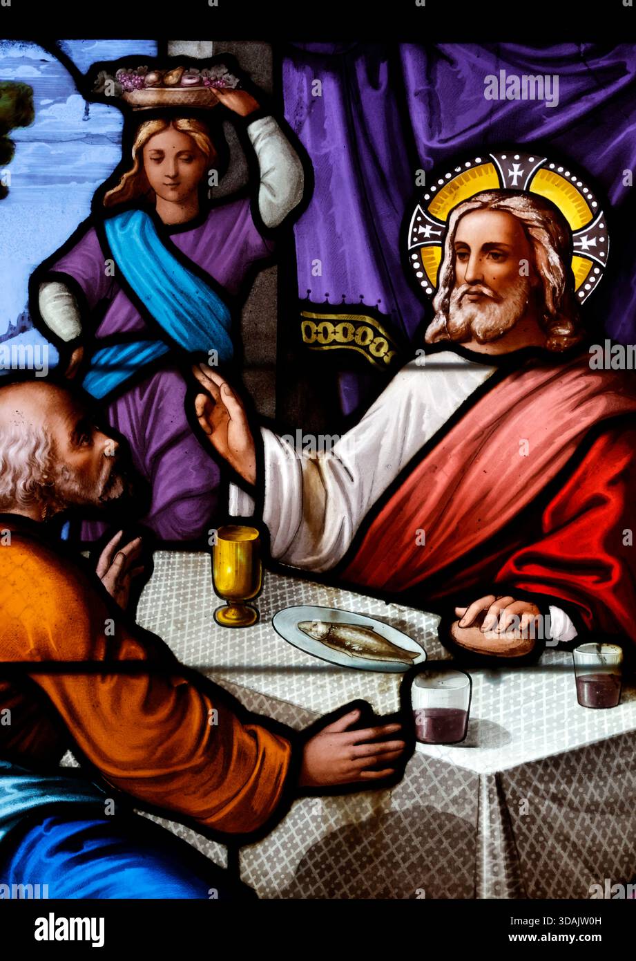 Saint Louis church. Stained glass. The Supper at Emmaus. Jesus revealed ...