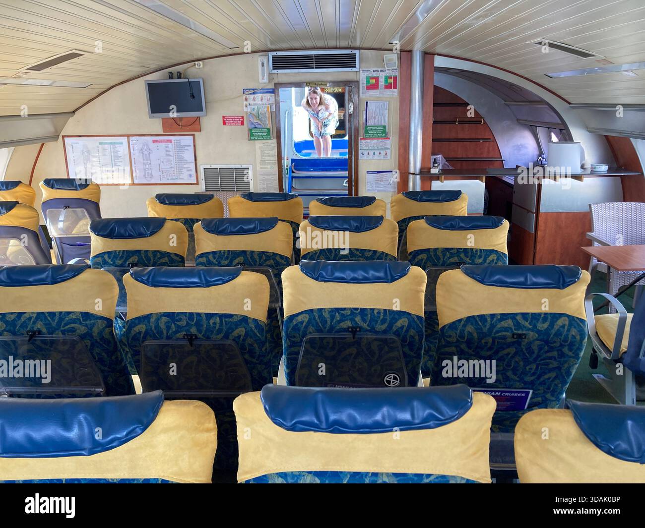 Interior cabin of a Soviet era hydrofoil boat in Corfu harbour, Greece ...