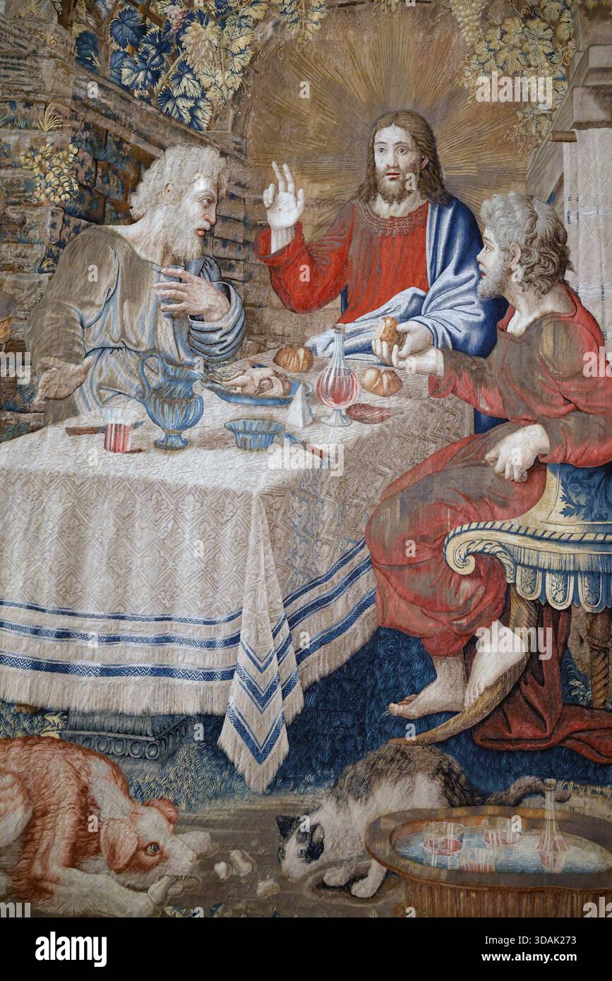 Vatican museums. Gallery of Tapestries.Supper at Emmaus. Jesus revealed ...