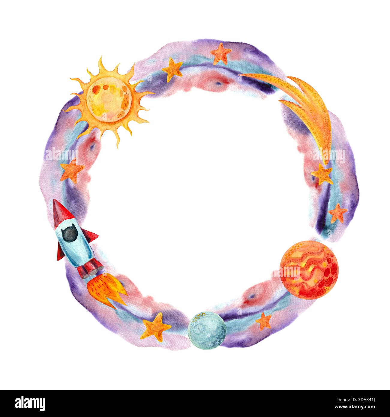 A space-themed round wreath frame with a watercolor sun, planets, and ...