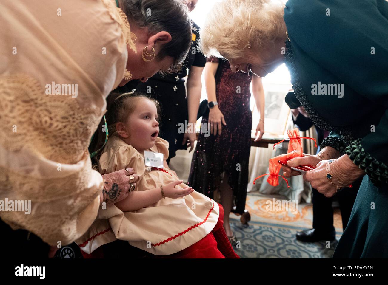 Queen Camilla speaks with Dolce during the Christmas tree decorating ...