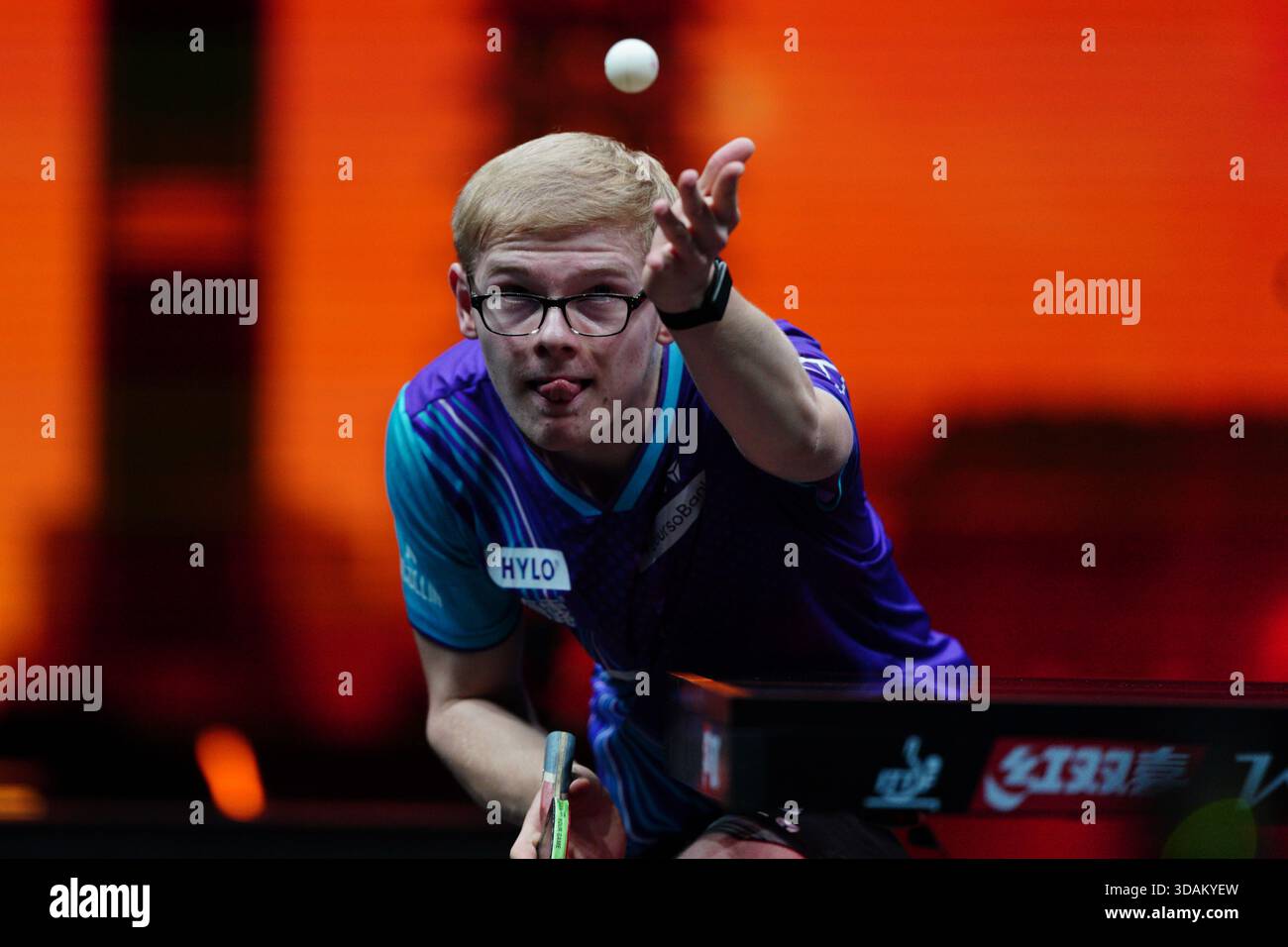 Felix Lebrun, a French table tennis player during the game at WTT ...