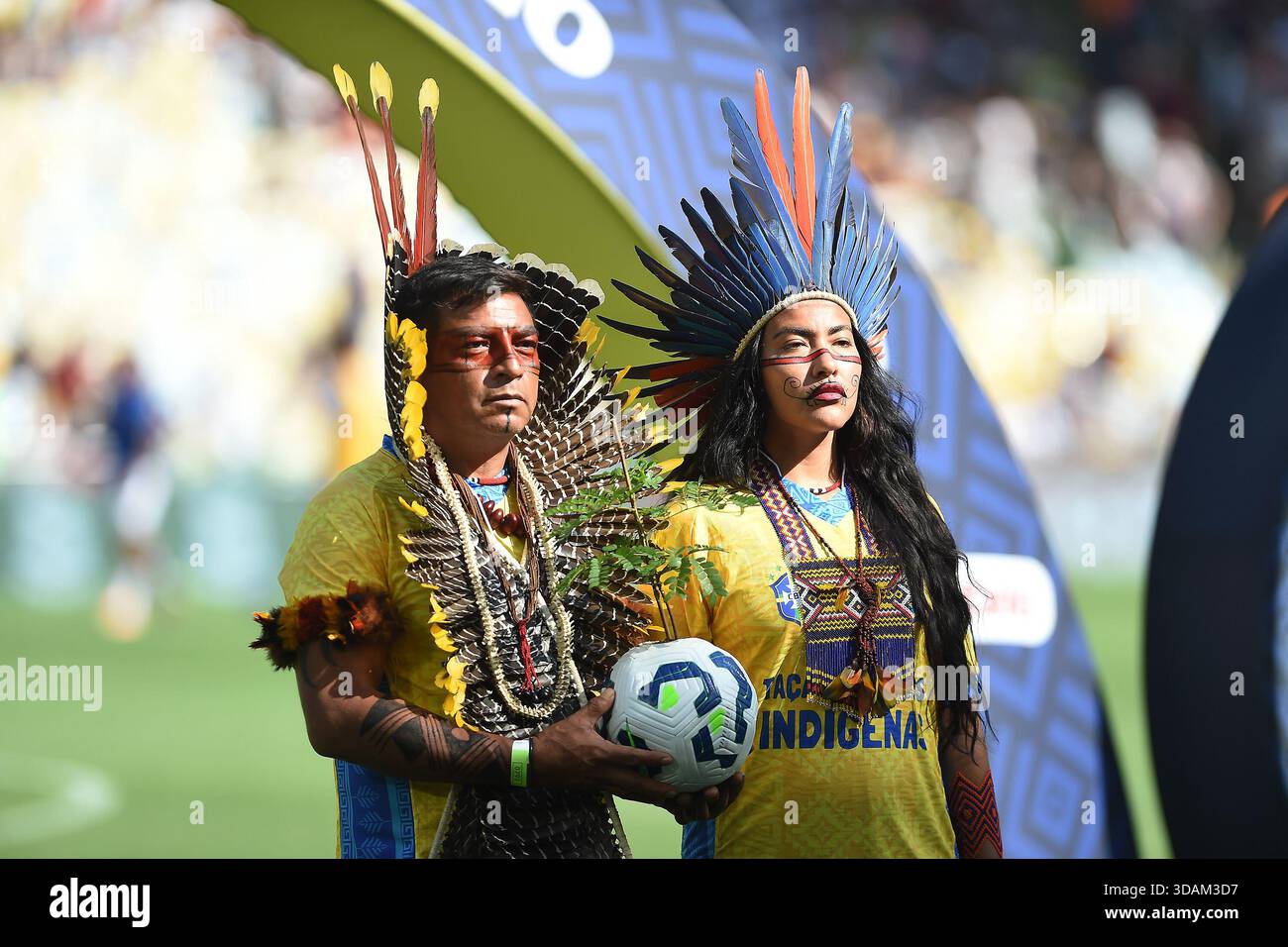 Rio de Janeiro, Brazil, December 7, 2025. Indigenous people unveil the ...