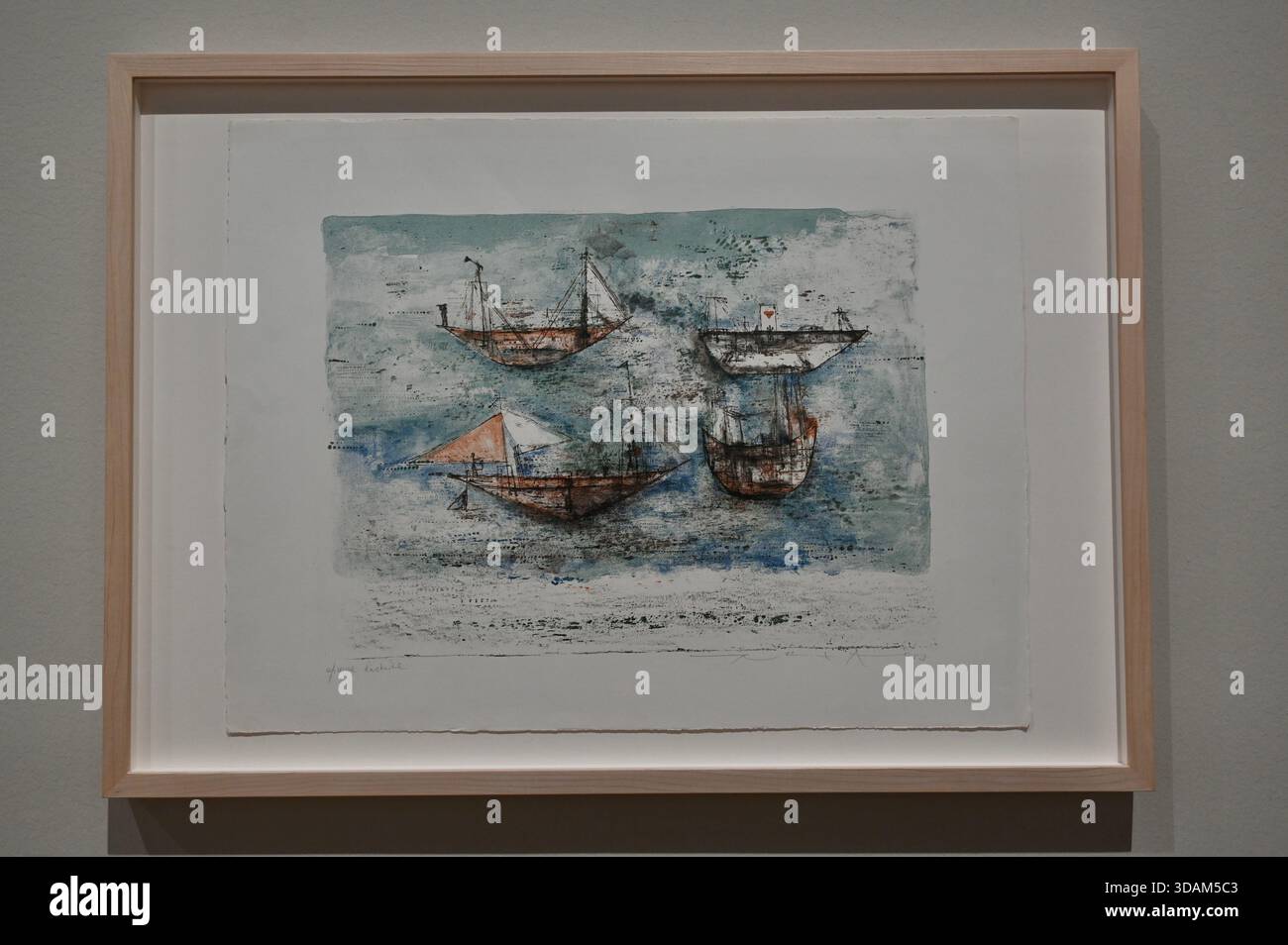 Sailing Ships at Sea, a lithograph of painter Zao Wou-Ki, display at ...