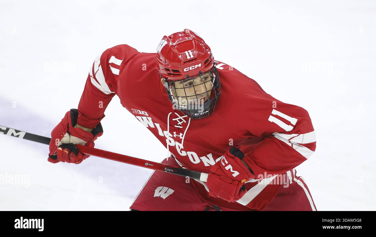 Wisconsin's Simon Tassy plays during an NCAA hockey game on Saturday ...