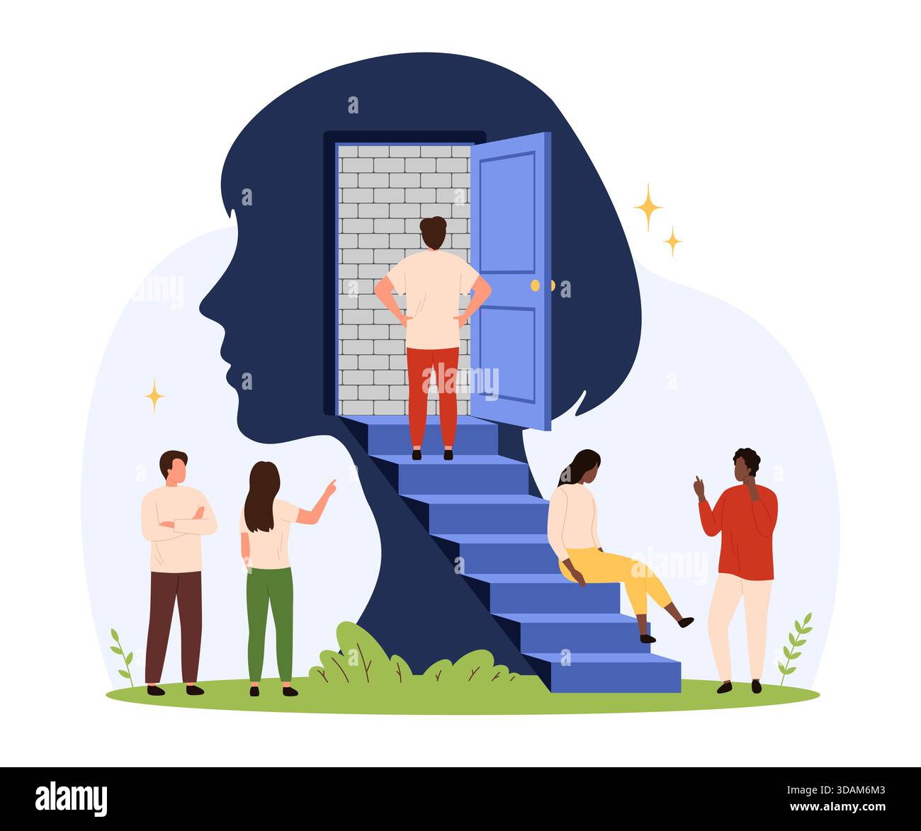 Group of diverse people encounter a blocked doorway inside a human head ...