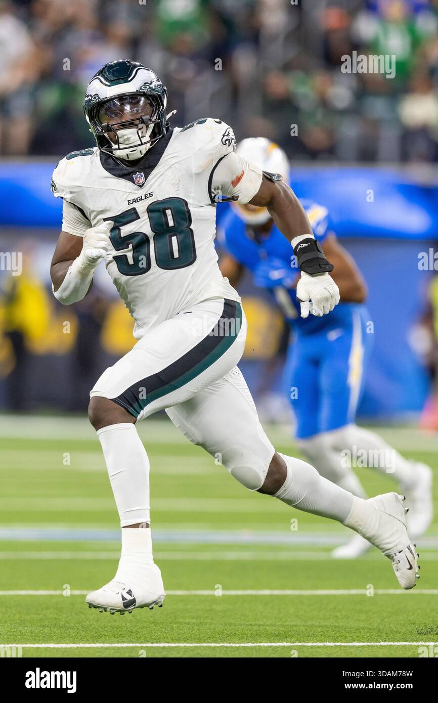 Philadelphia Eagles linebacker Jalyx Hunt (58) against the Los Angeles ...