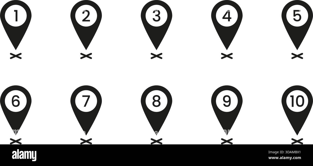 Black Numbered Location Pin Solid Icon Set. Sequential Map Marker ...