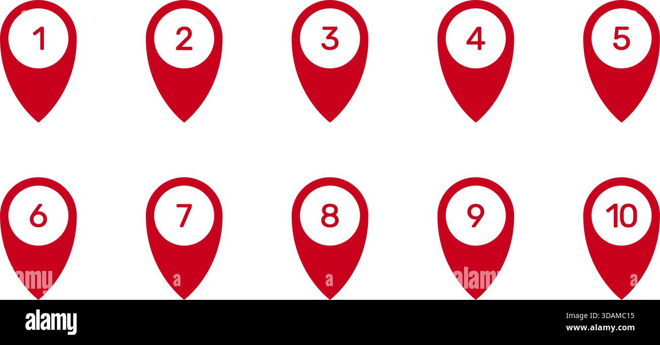 Numbered Location Pin Markers for Navigation and Mapping Icon Set ...
