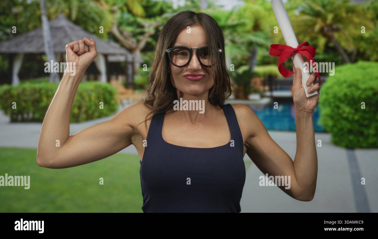 Woman flexes arm muscles, smiles broadly and holds diploma by hotel ...