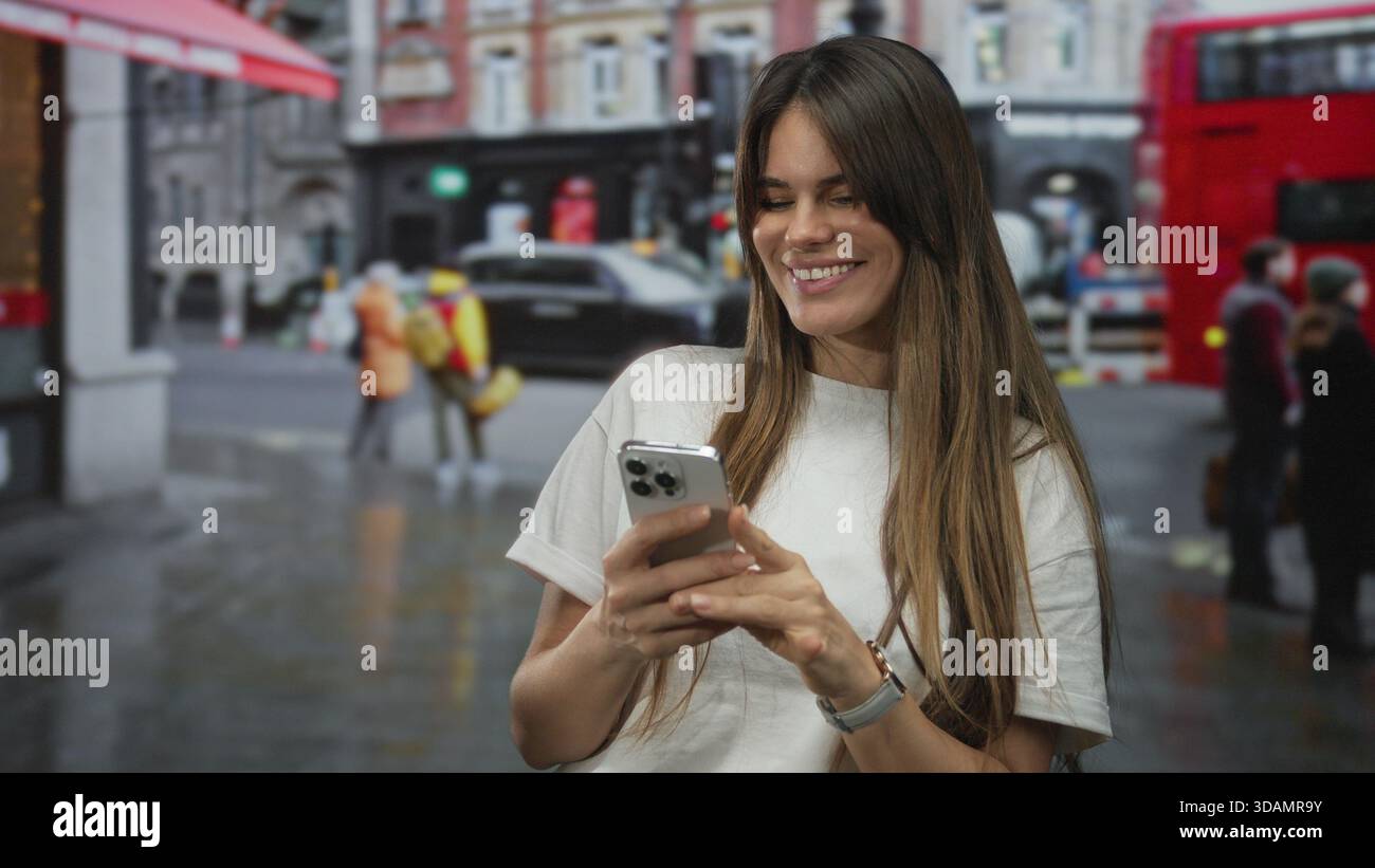 Woman smiling while using smartphone interacts with city life scene ...