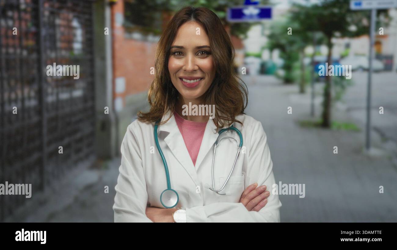 Hispanic female doctor with stethoscope stands confidently with arms ...