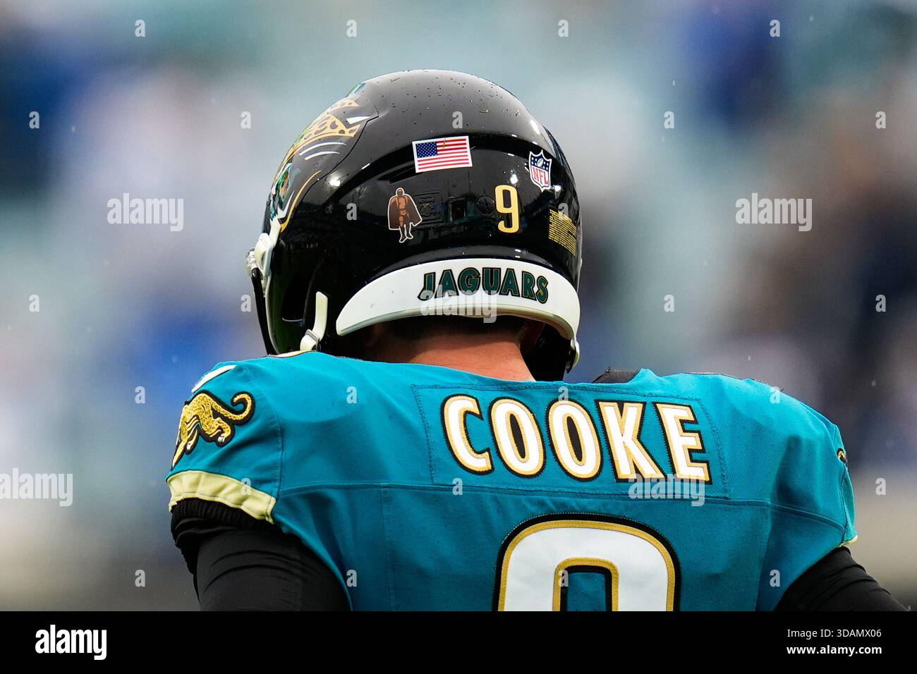 Jacksonville Jaguars punter Logan Cooke with WPMOY25 helmet decal ...