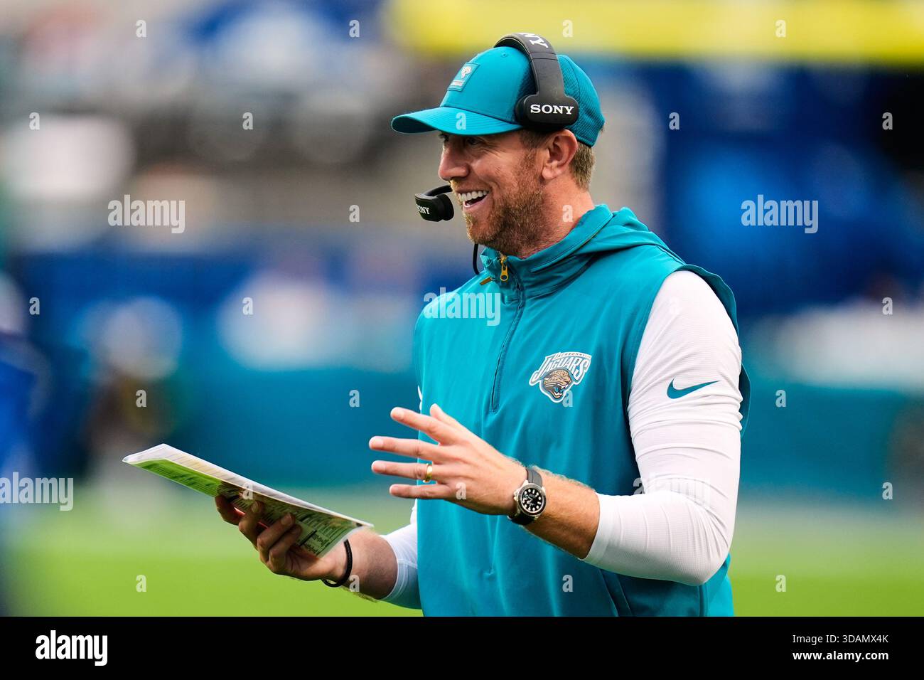 Jacksonville Jaguars head coach Liam Coen during the first half of an NFL football game against ...