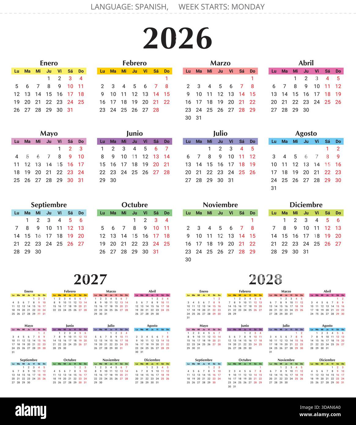 2026, 2027, 2027 spanish calendar. Multicolor vector illustration for ...