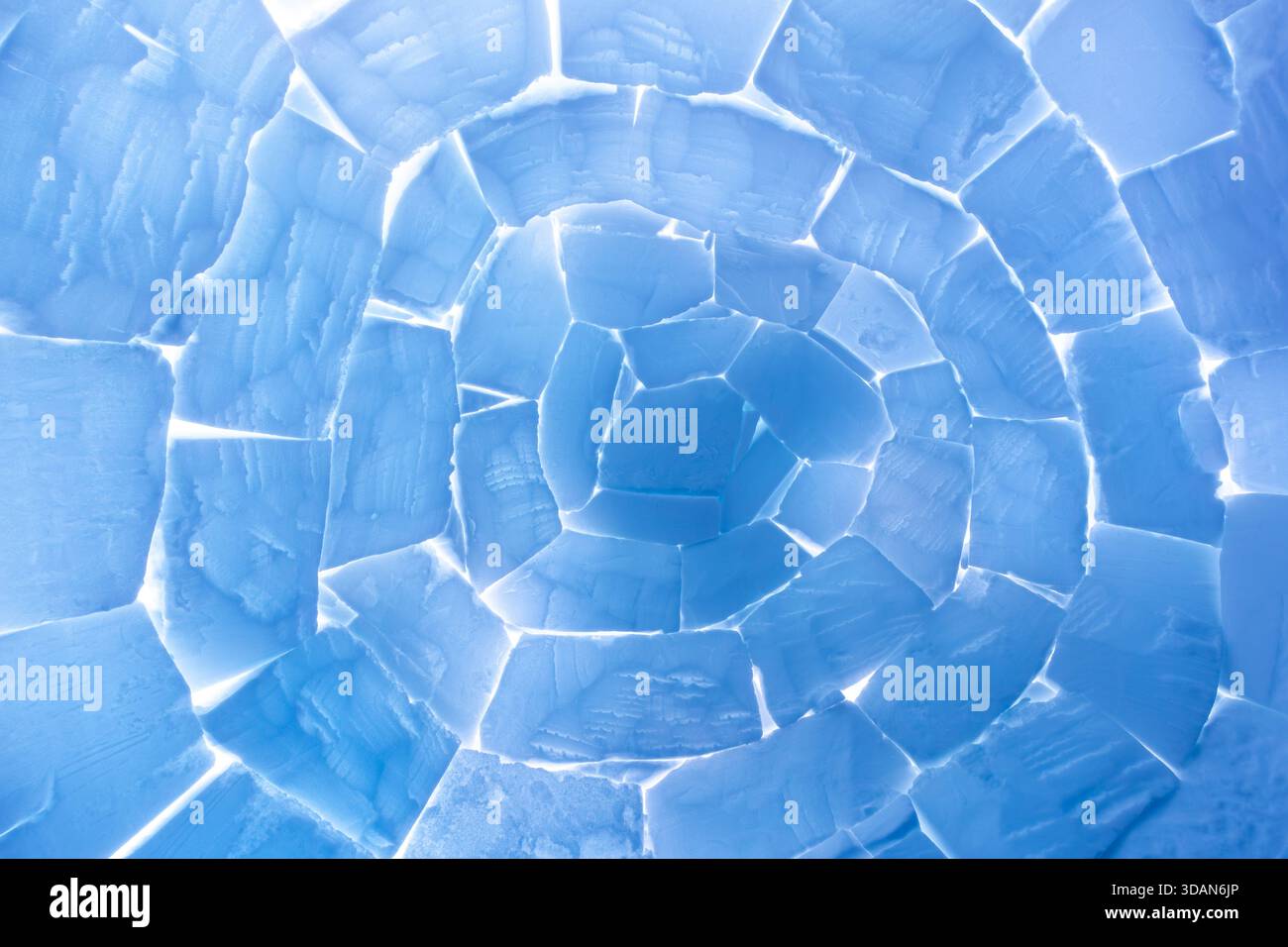 Interior of igloo showing roof built from stacked snow bricks in a ...