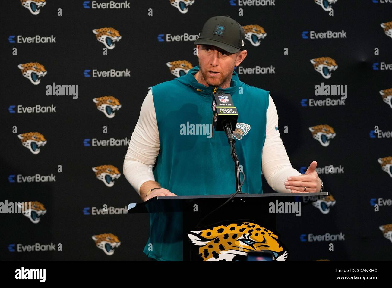 Jacksonville Jaguars head coach Liam Coen makes comments during a press ...