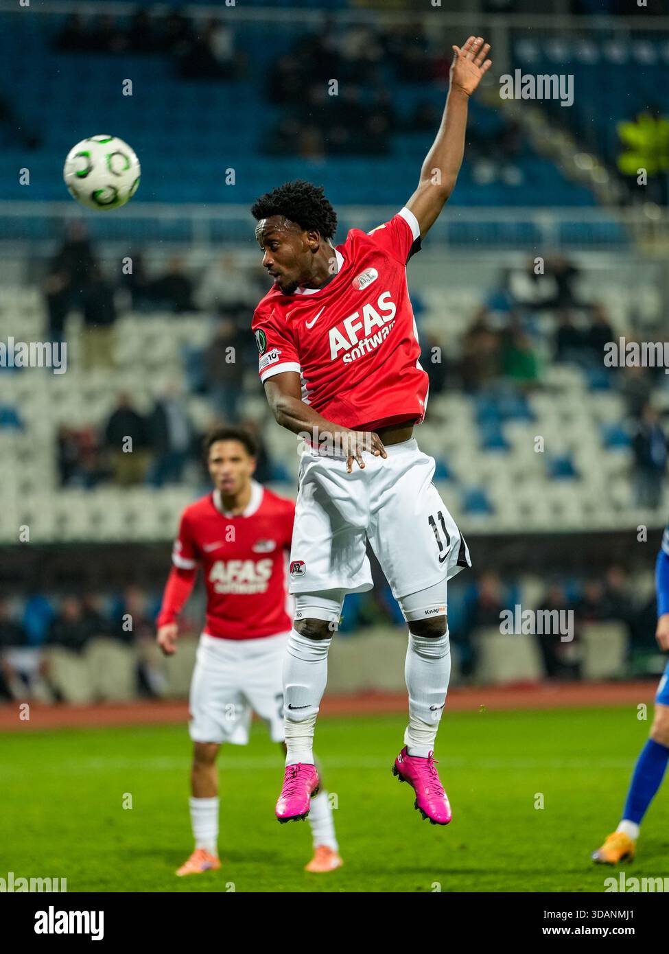 PRISTINA, KOSOVO - DECEMBER 11: Ibrahim Sadiq of AZ Alkmaar heads the ball at goal during the ...