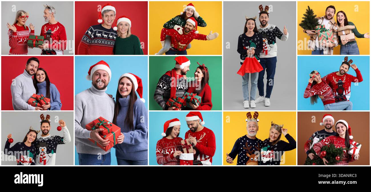Christmas and winter holidays celebration. Photos of happy couples ...
