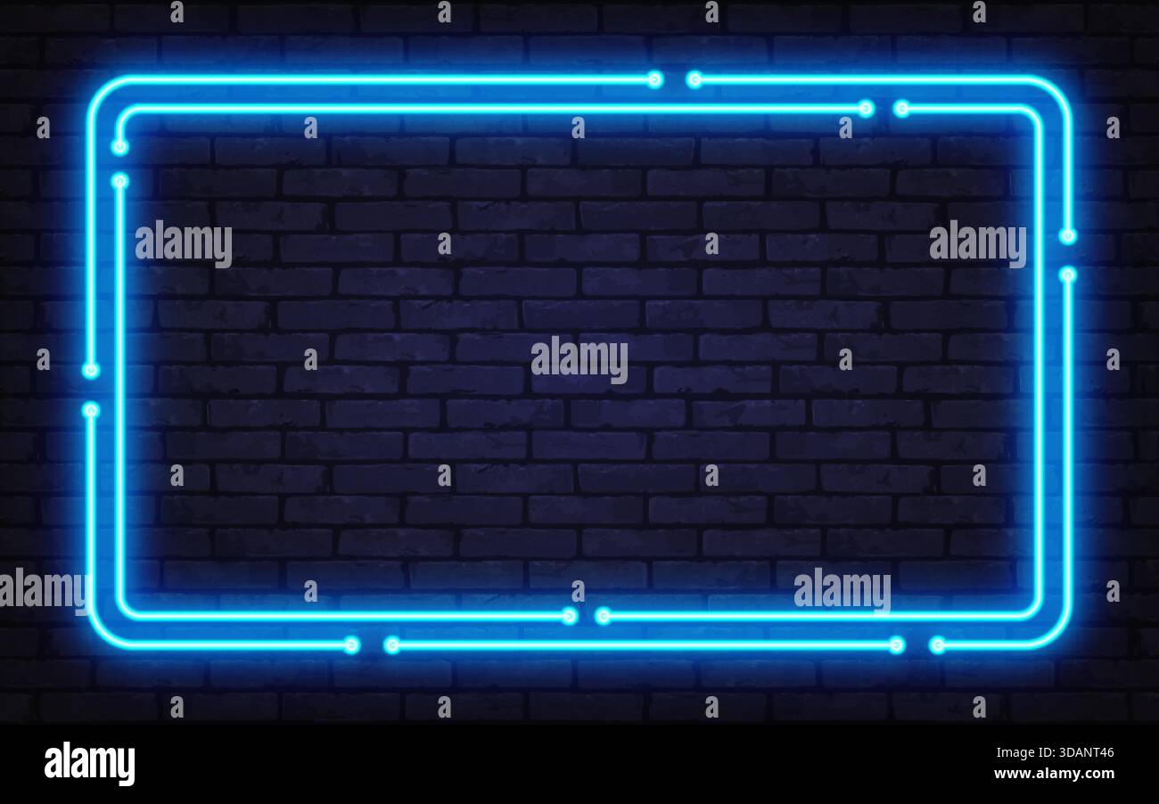 Glowing blue neon frame with circuit-style lines on a dark brick wall ...