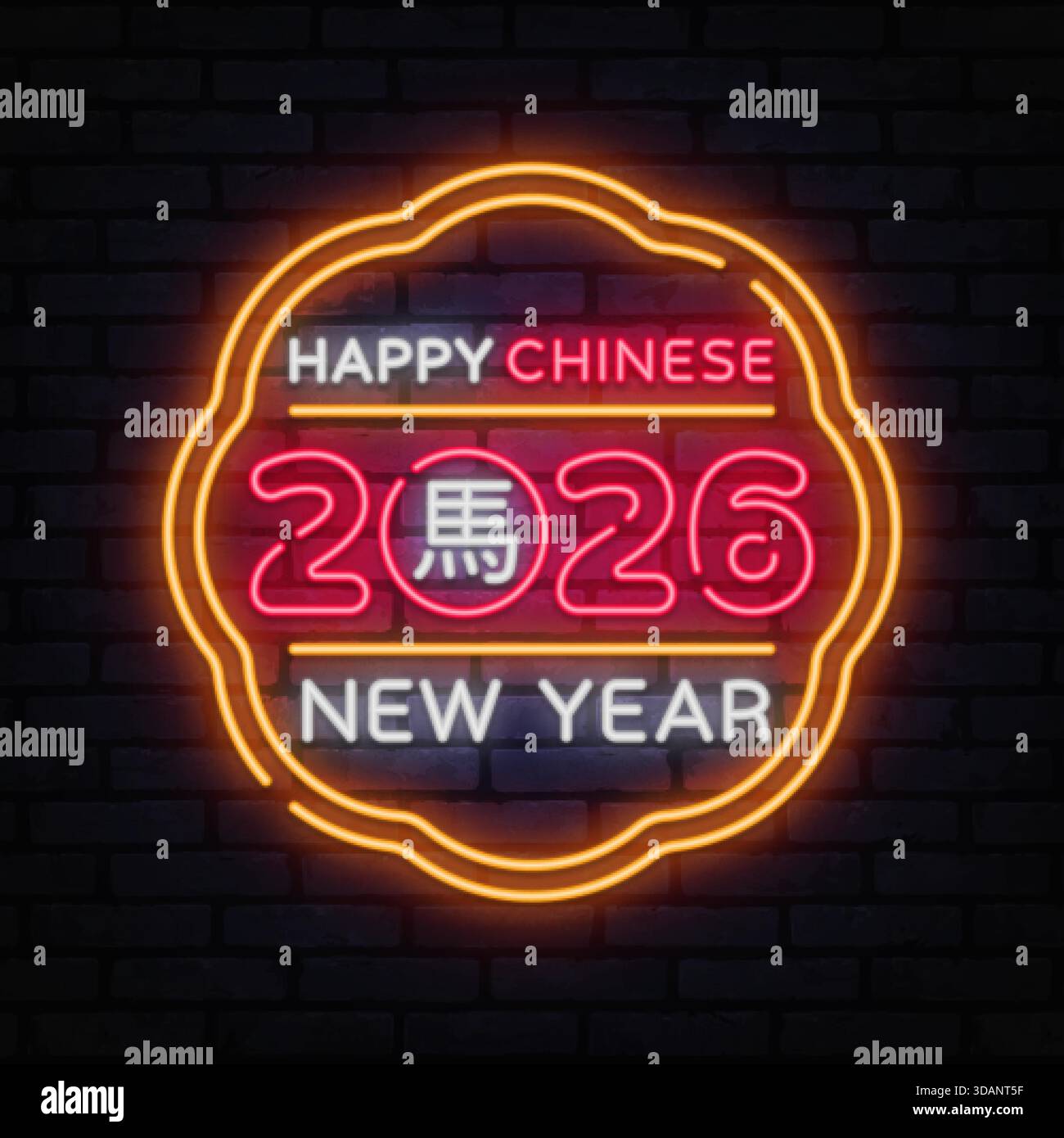 Colorful neon badge highlights the 2026 Lunar New Year with bold lines ...