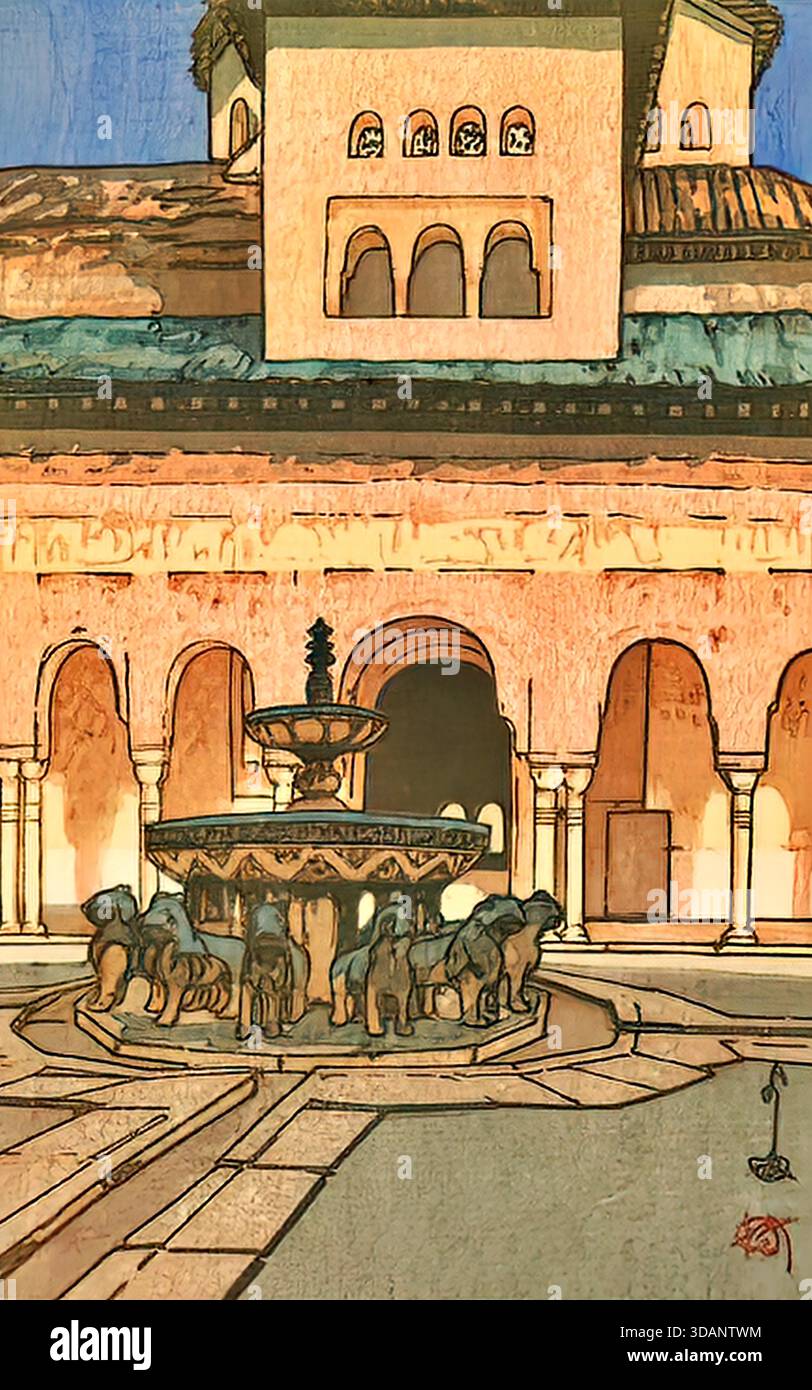 Hiroshi Yoshida Court of Lions Alhambra 1928 woodblock print Islamic ...