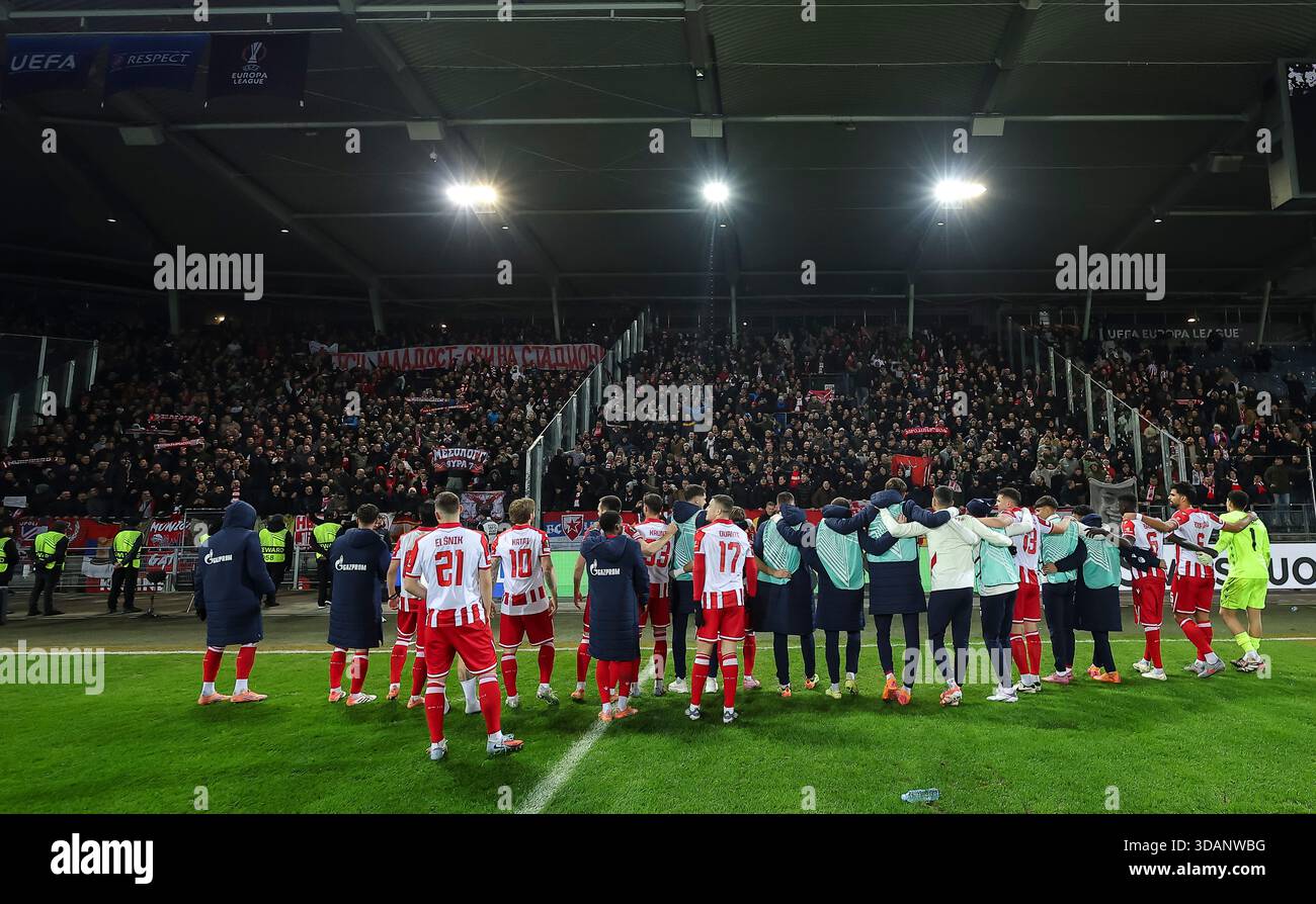 Players of Crvena Zvezda celebrate with fans, delije after winning the ...