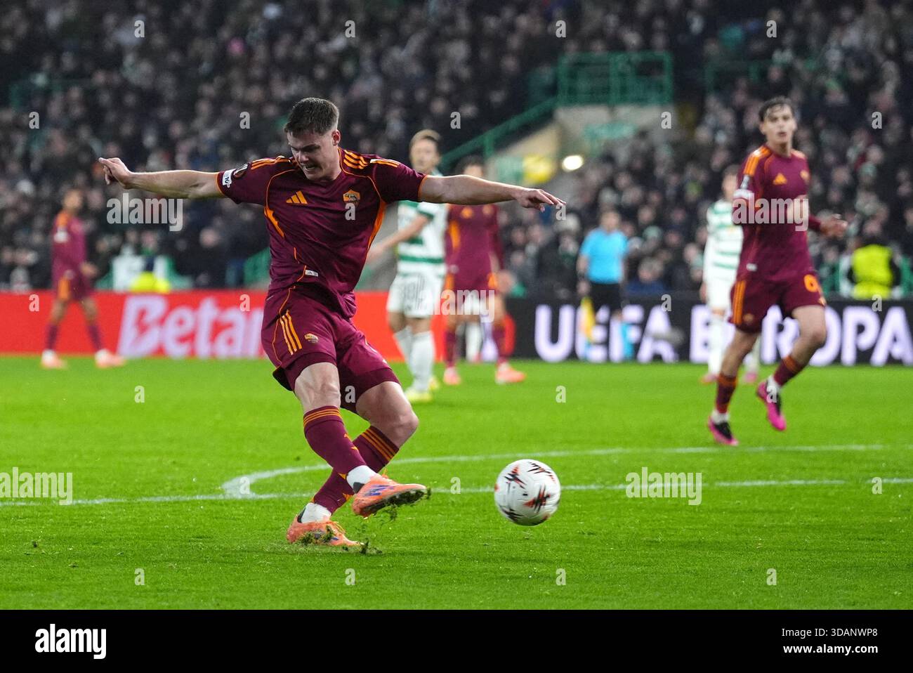 Roma's Evan Ferguson shoots at goal during the UEFA Europa League match ...