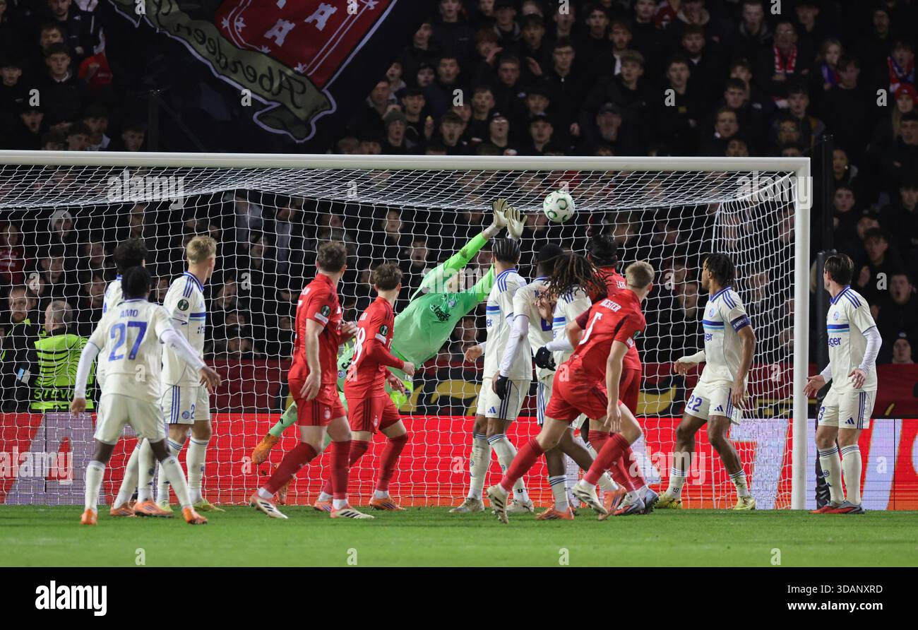 Strasbourg goalkeeper Mike Penders makes the save during the UEFA ...