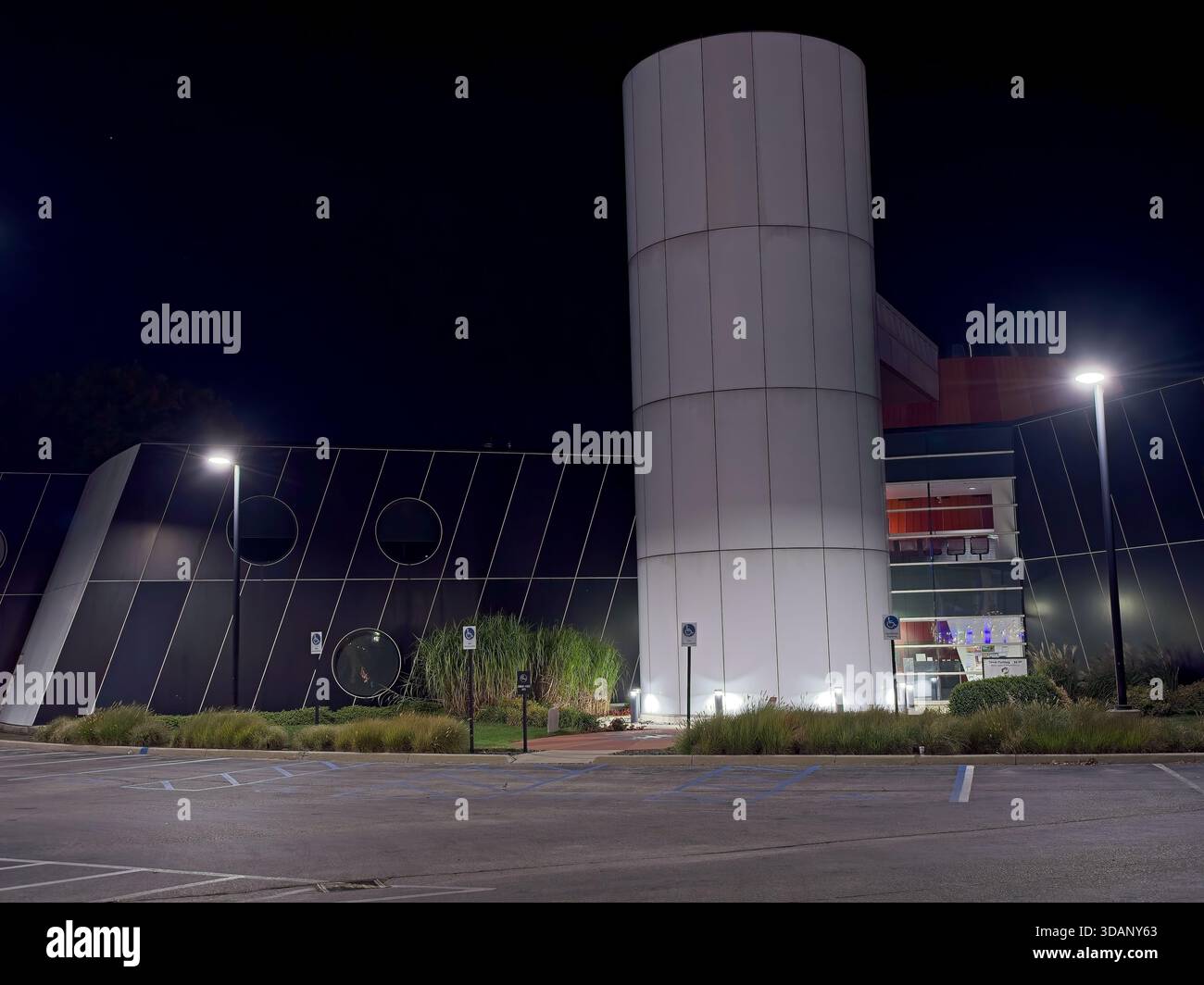 Contemporary style facade Delta College Planetarium after dark in ...