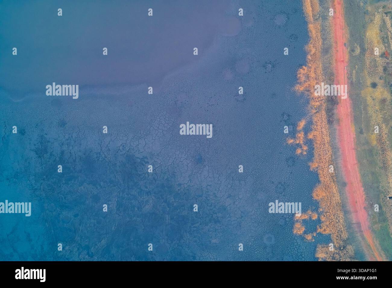 Aerial drone shot of drying chemical sediment featuring a network of ...