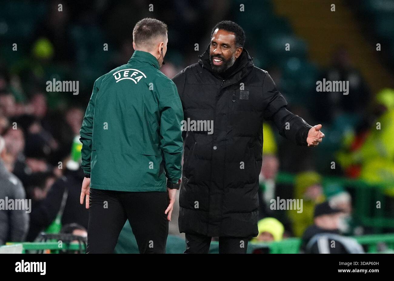 Celtic manager Wilfried Nancy speaks to the fourth official during the ...