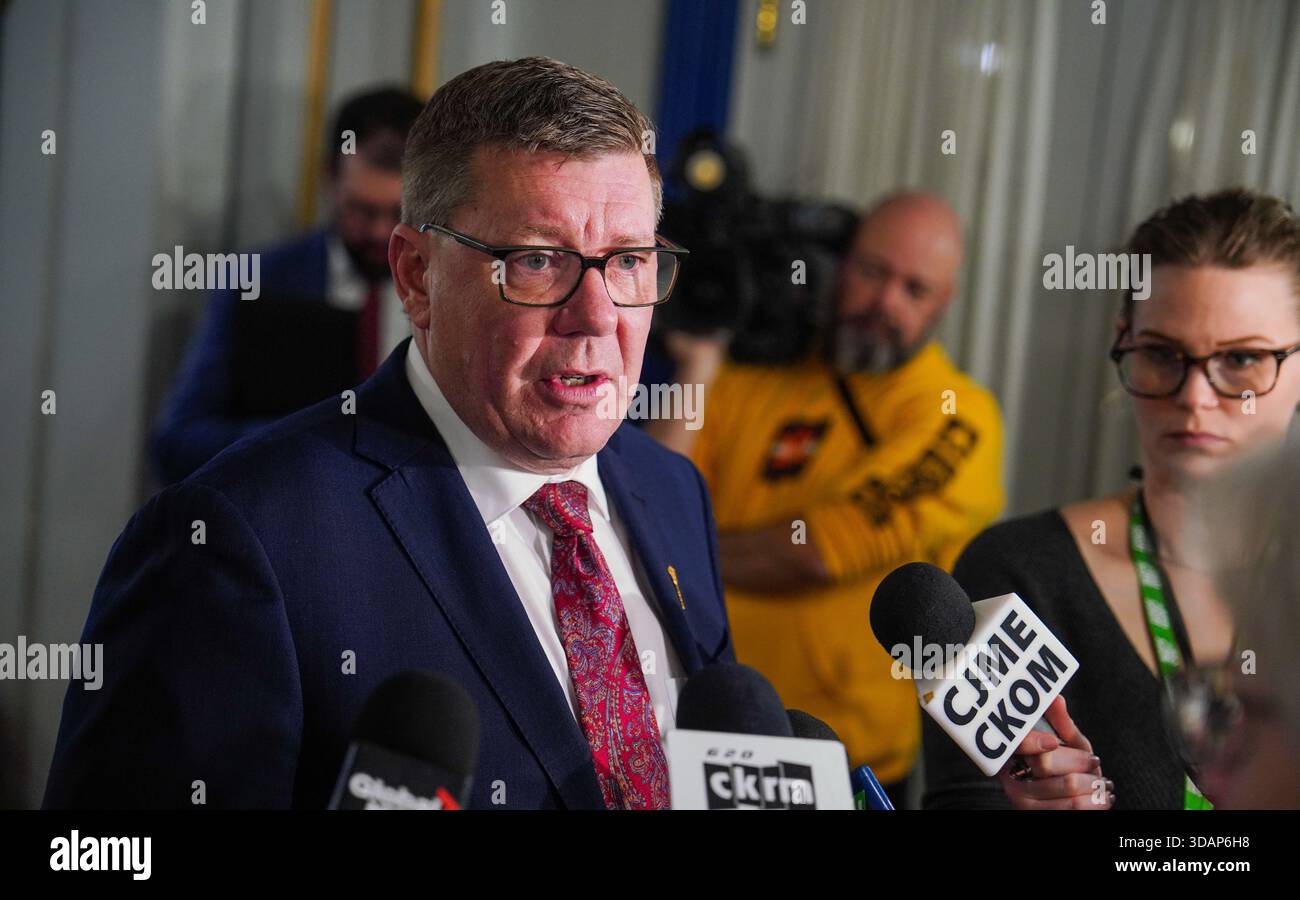 Saskatchewan Premier Scott Moe speaks to members of the media after a ...