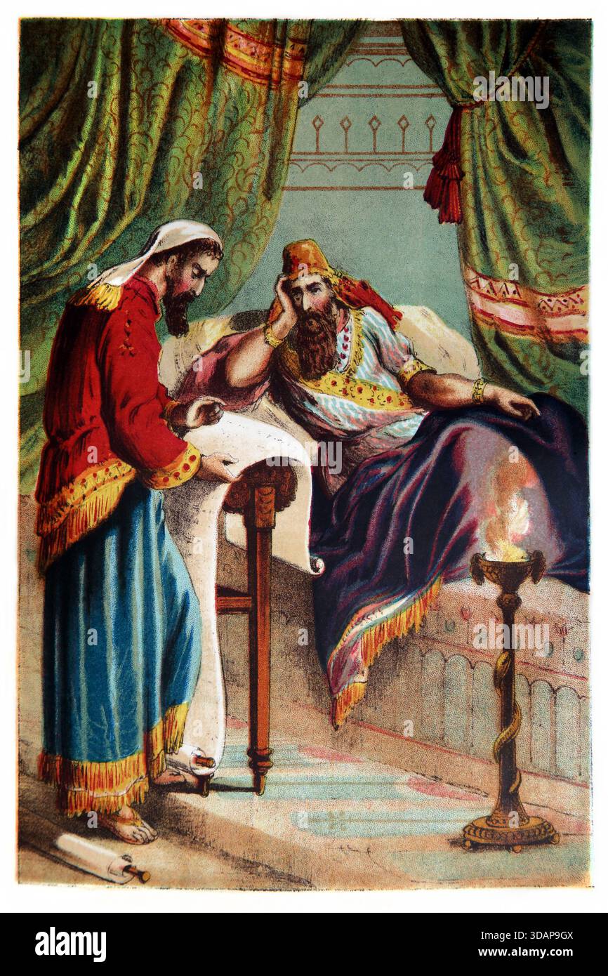 Illustration of a Scribe reading the Book of Records to King Ahasuerus ...