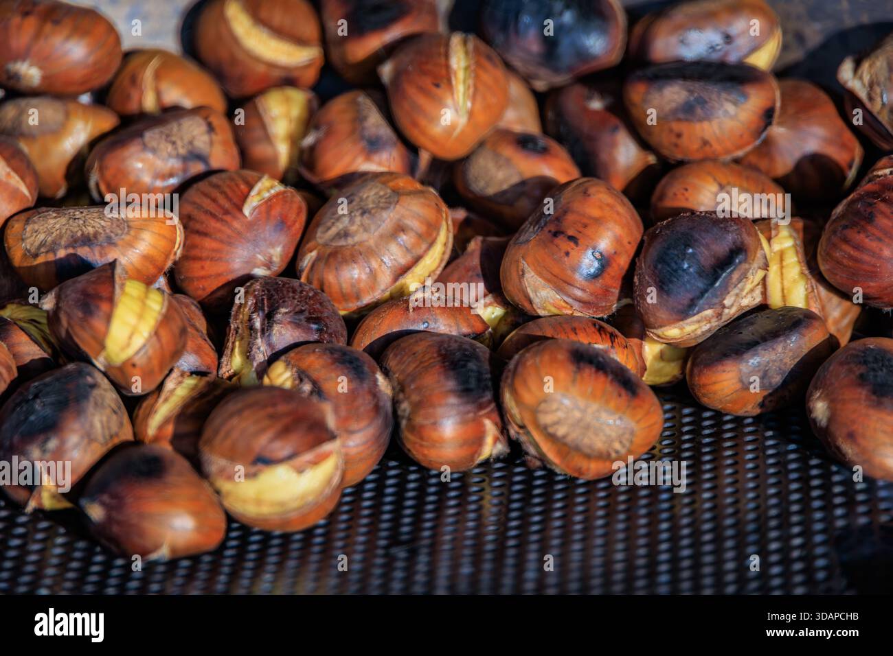 Traditional roasted chestnuts cook in a hot pan at a Christmas market ...