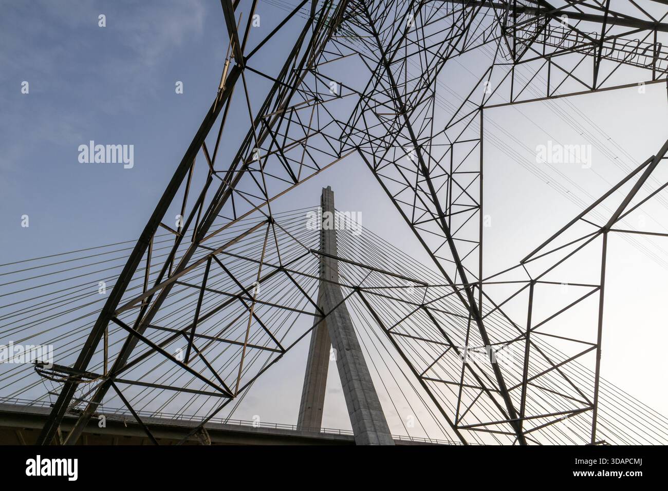 Flintshire bridge central concrete pylon framed by the steel lattice ...