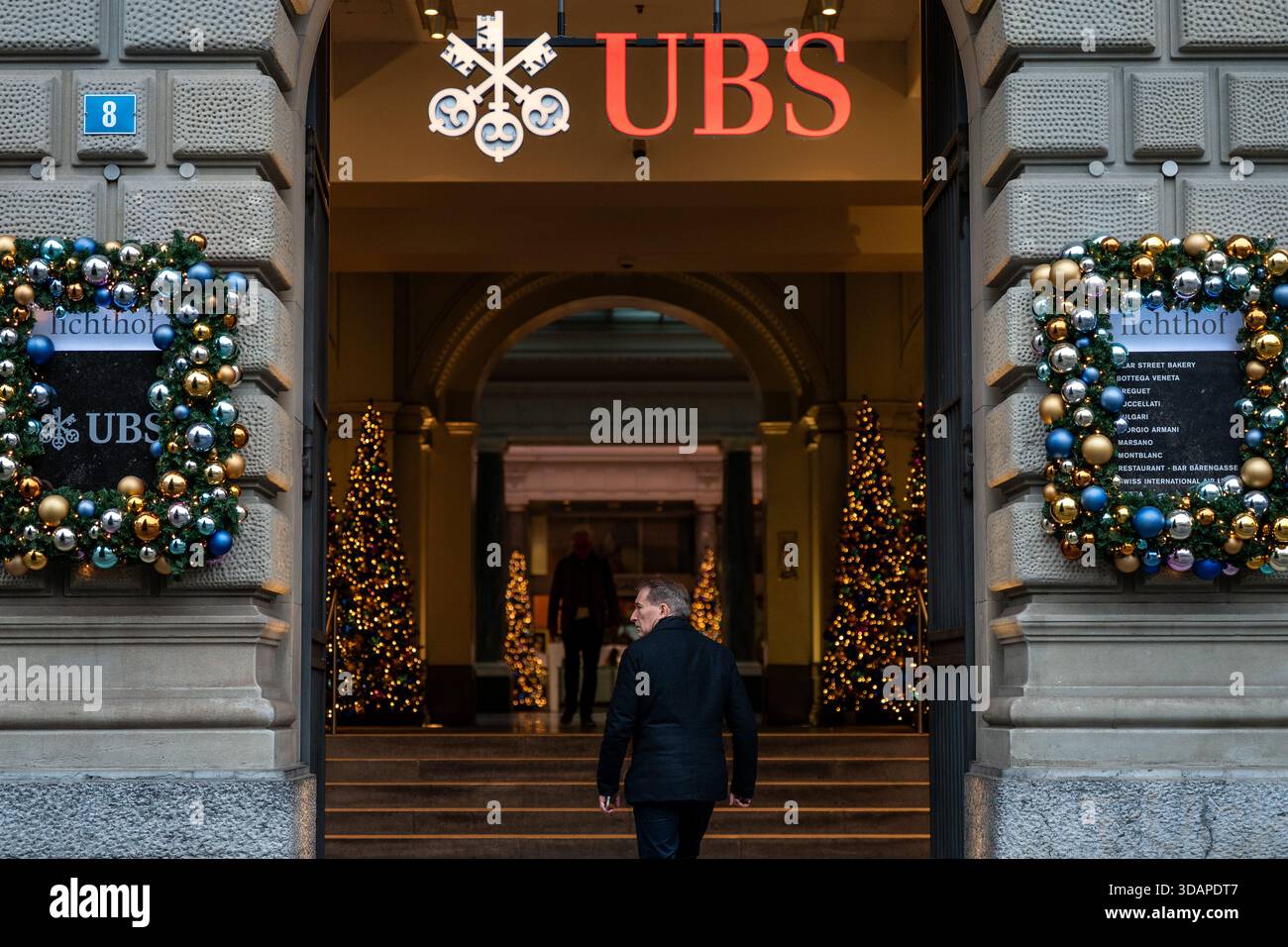 A UBS sign at Bahnhofstrasse on December 11, 2025 in Zurich ...