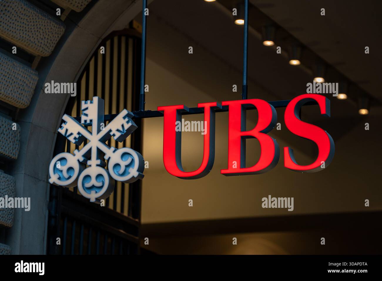 A UBS sign at Bahnhofstrasse on December 11, 2025 in Zurich ...