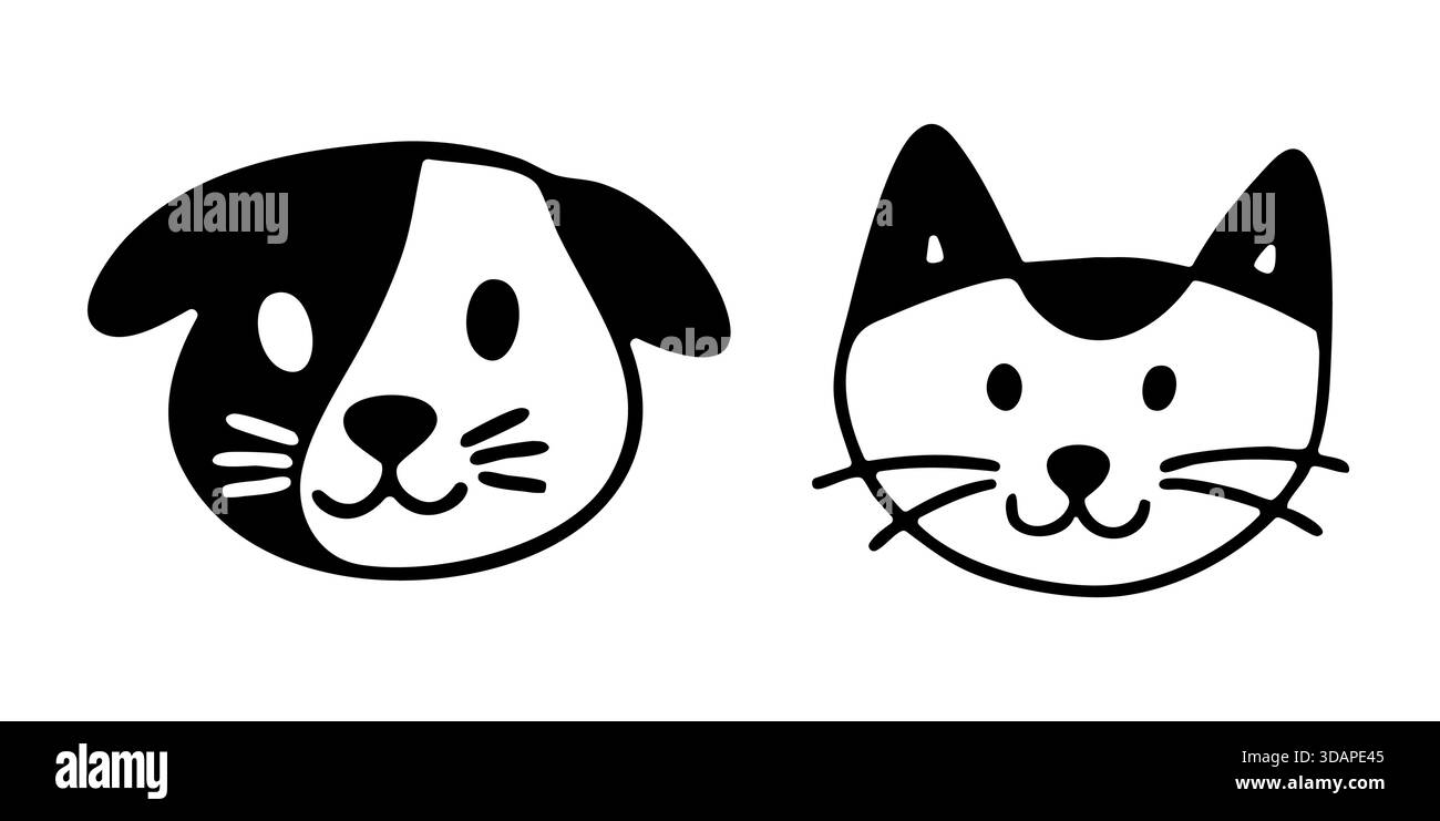 Hand drawn pet face icons set in outline doodle style. Vector ...