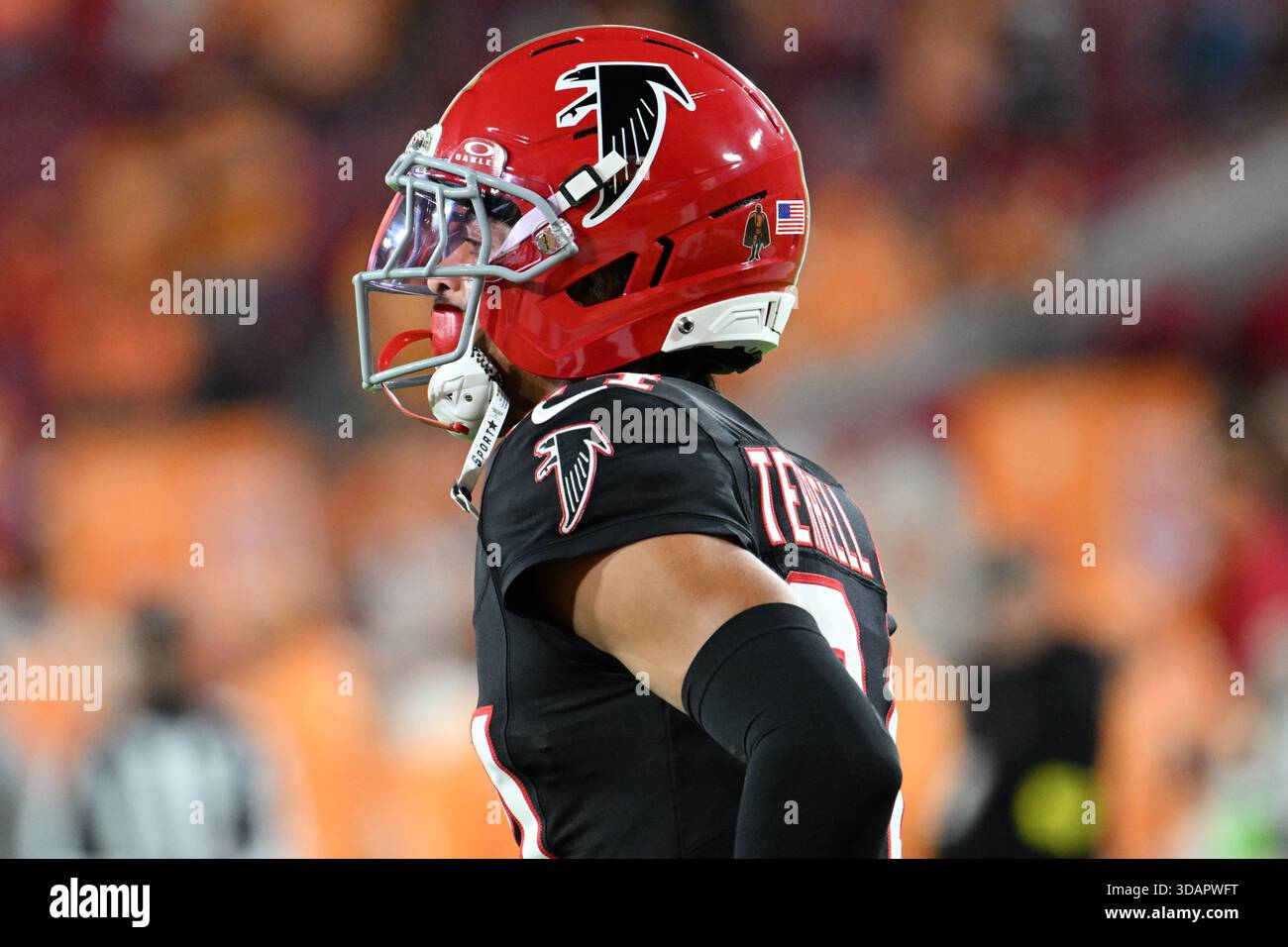 Atlanta Falcons cornerback A.J. Terrell Jr. (24) warms up before an NFL ...